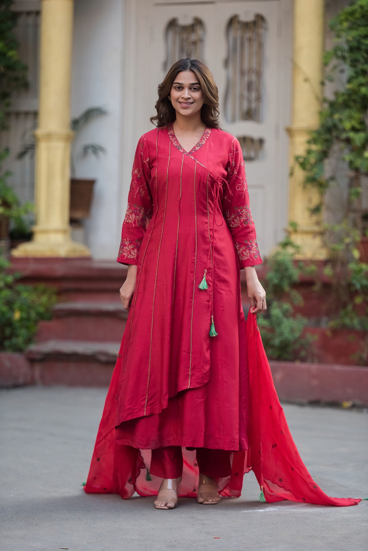 Red Flared Muslin Suit Set