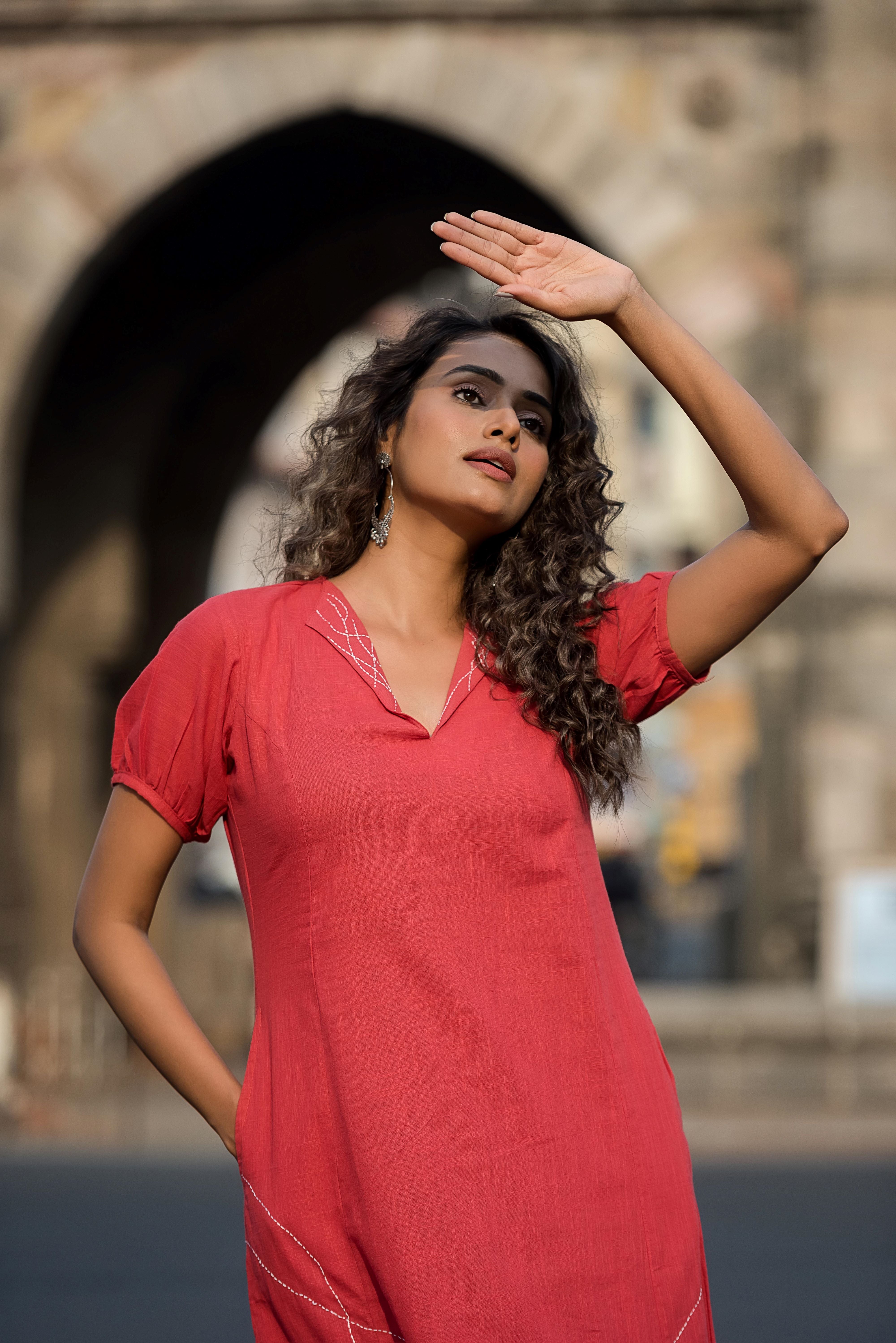 An Elegant Red Linen Kali Dress