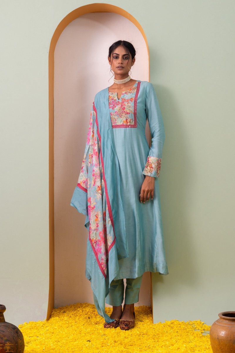 PAYAL Sky Blue Kalidar Suit Set with Subtle Hand Work