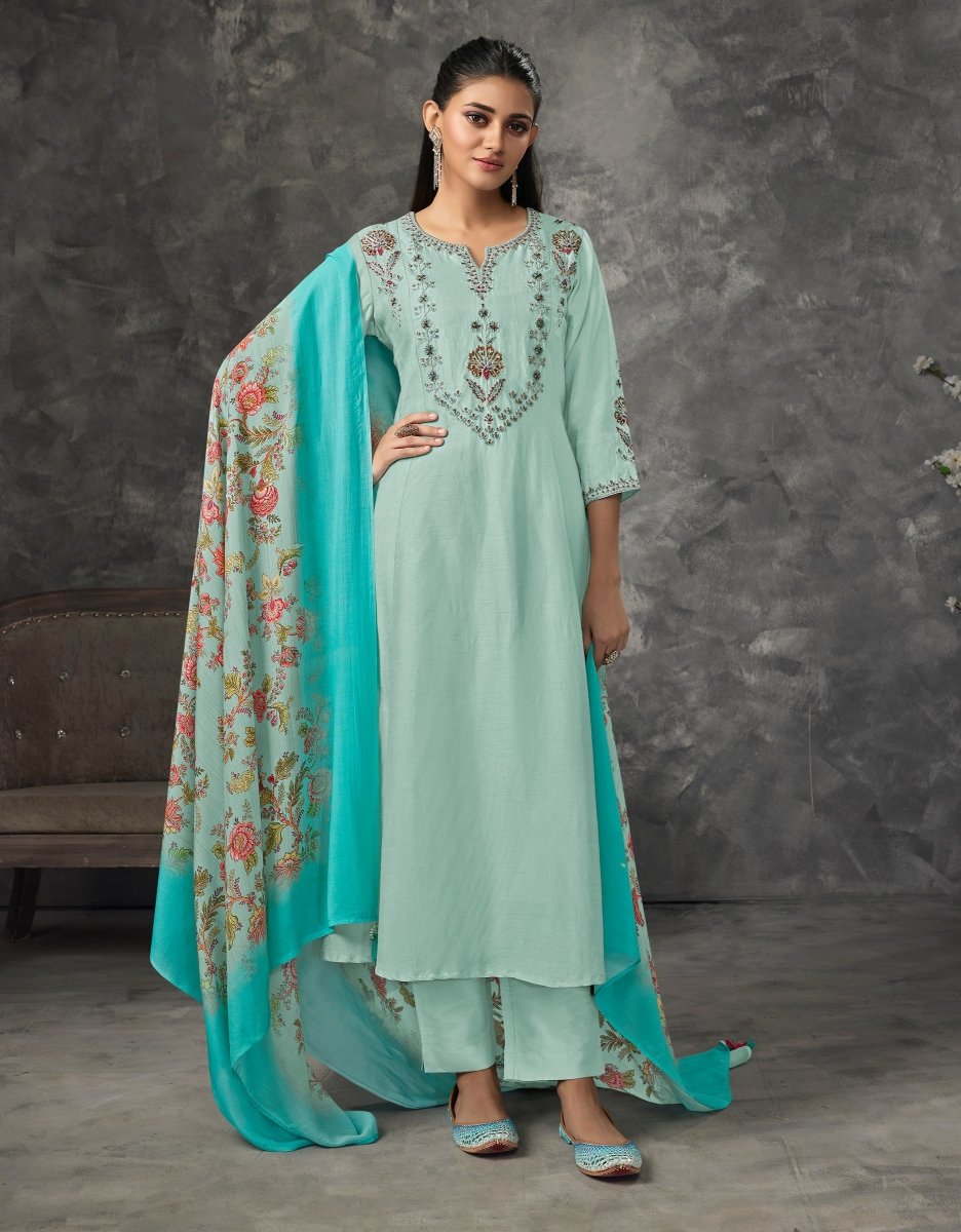 Sky Blue Raw Silk Aline Suit Set