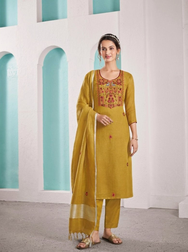 Mustard yellow linen Suit Set with handwork