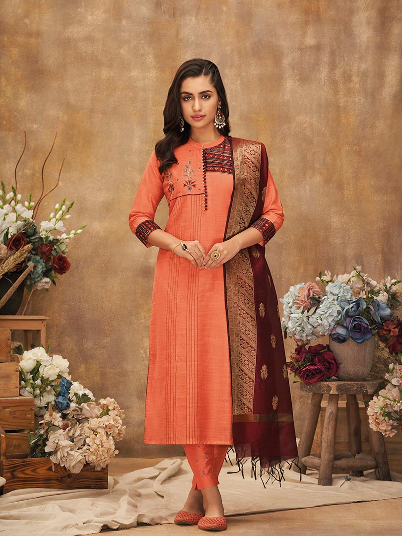 Peach Slub Straight Cut Suit Set